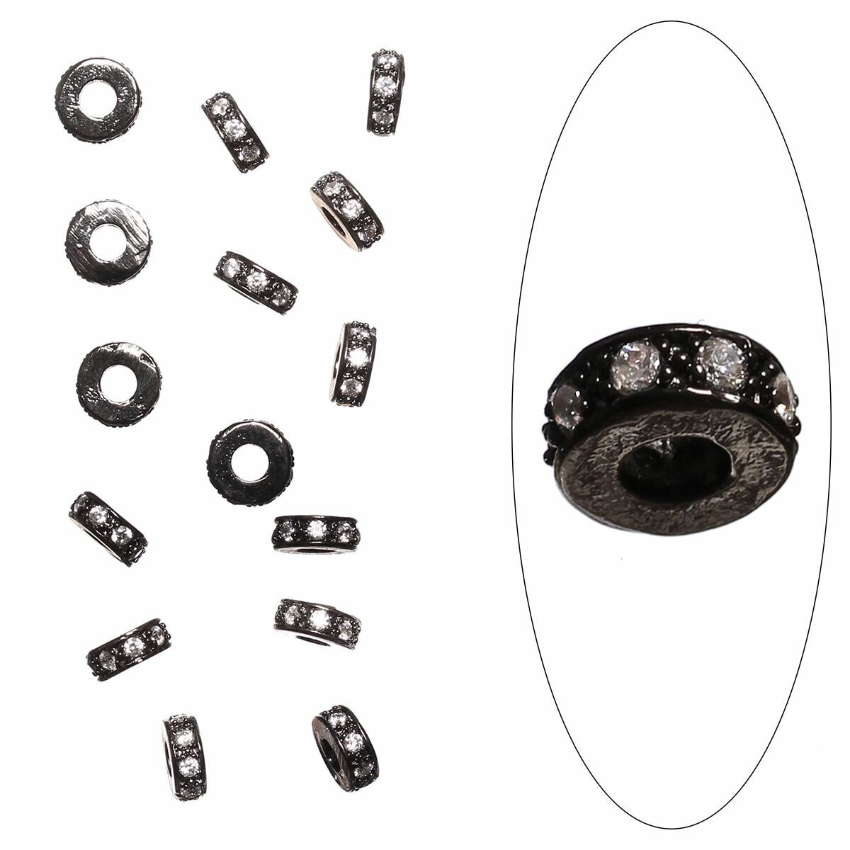 Бусина металлическая 7х3мм, Milano, Рондель, с крупным отверстием, с кристально-прозрачными фианитами, базовый материал - латунь, вороненая сталь, 1 шт.