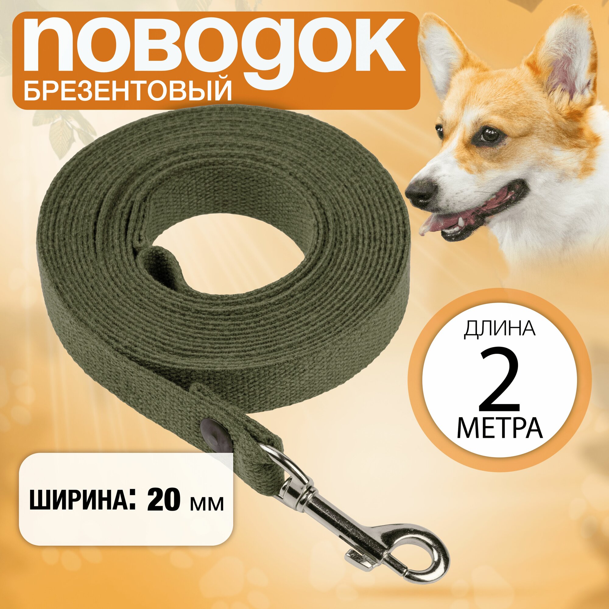 Поводок брезентовый 2 м х 20 мм, с вращающимся карабином, для собак мелких и средних пород