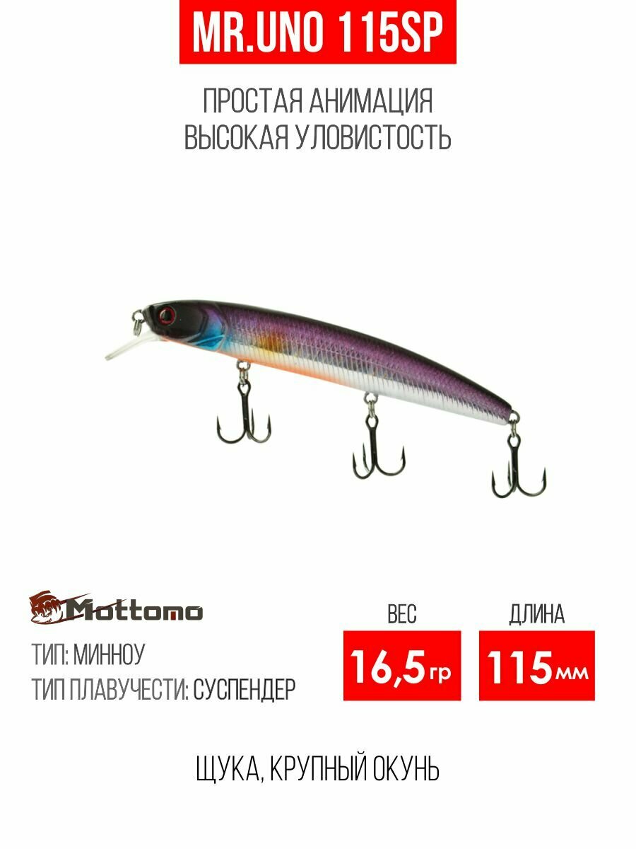 Воблер для рыбалки Mottomo Mr.Uno 115SP 16,5g, минноу тонущий для спиннинга, твичинга. Приманка на щуку. Purple Black