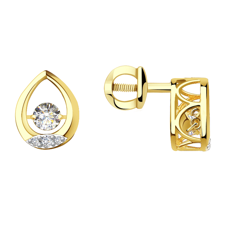 Серьги пусеты, желтое золото, 585 проба, фианит