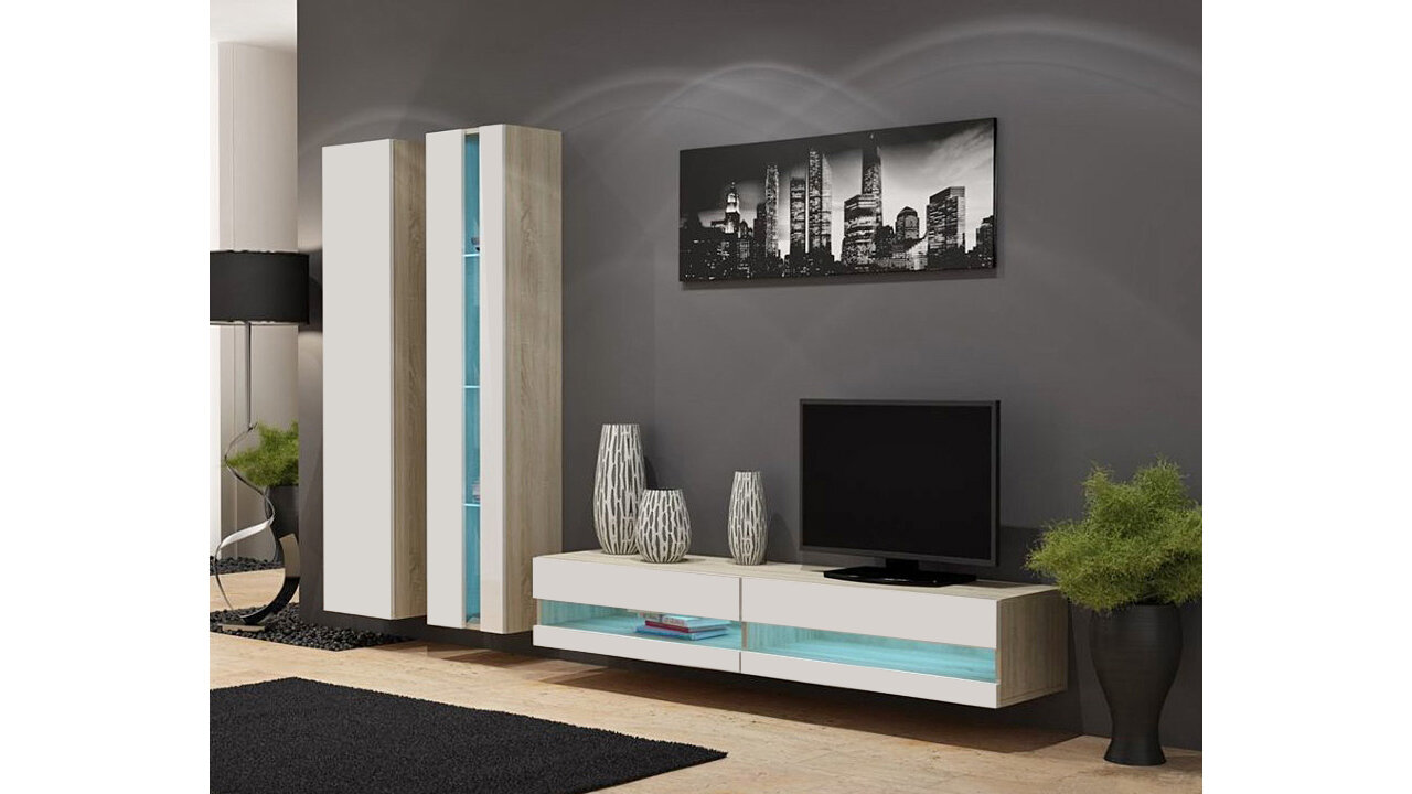 Гостиная Виго нью 5 Белый Фасадный 0101 / Дуб Сонома 3025 NEW 260x42x180 см, белый фасадный, дуб сонома GOODFORM