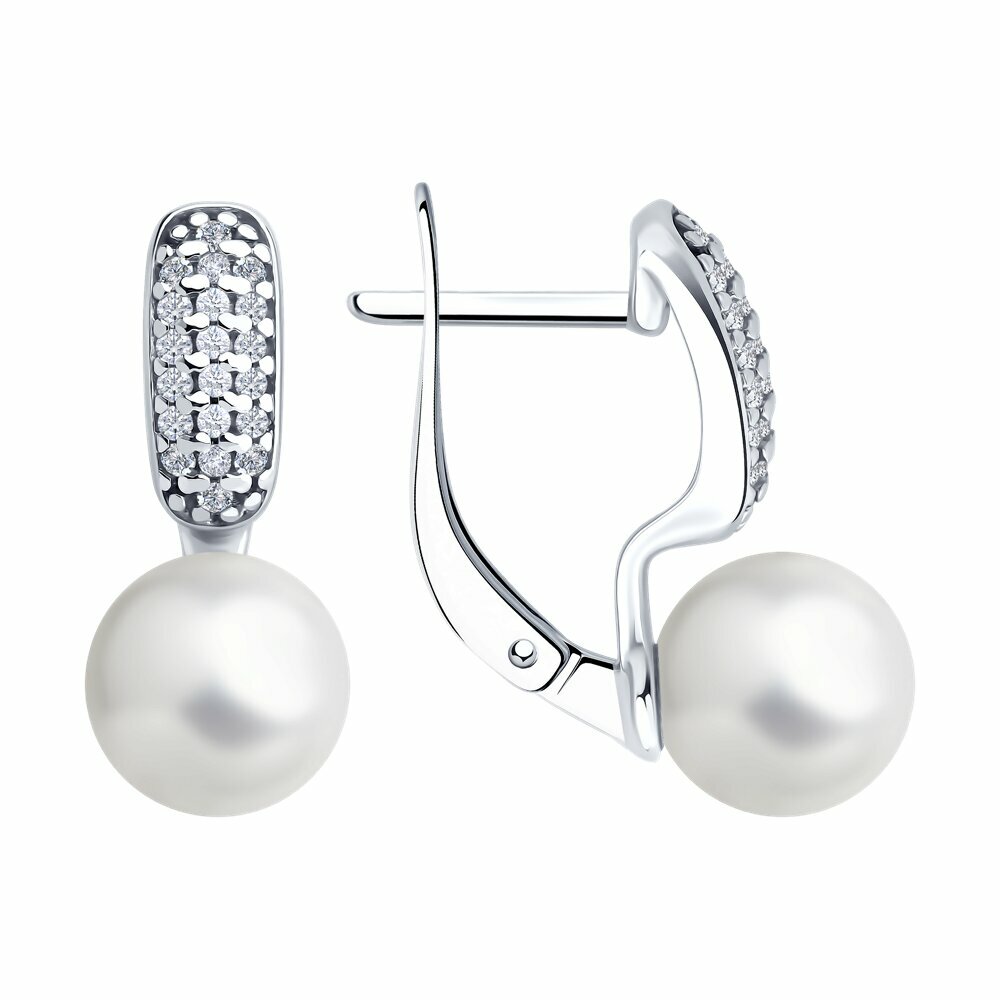 Серьги, серебро, 925 проба, родирование, фианит, жемчуг имитация