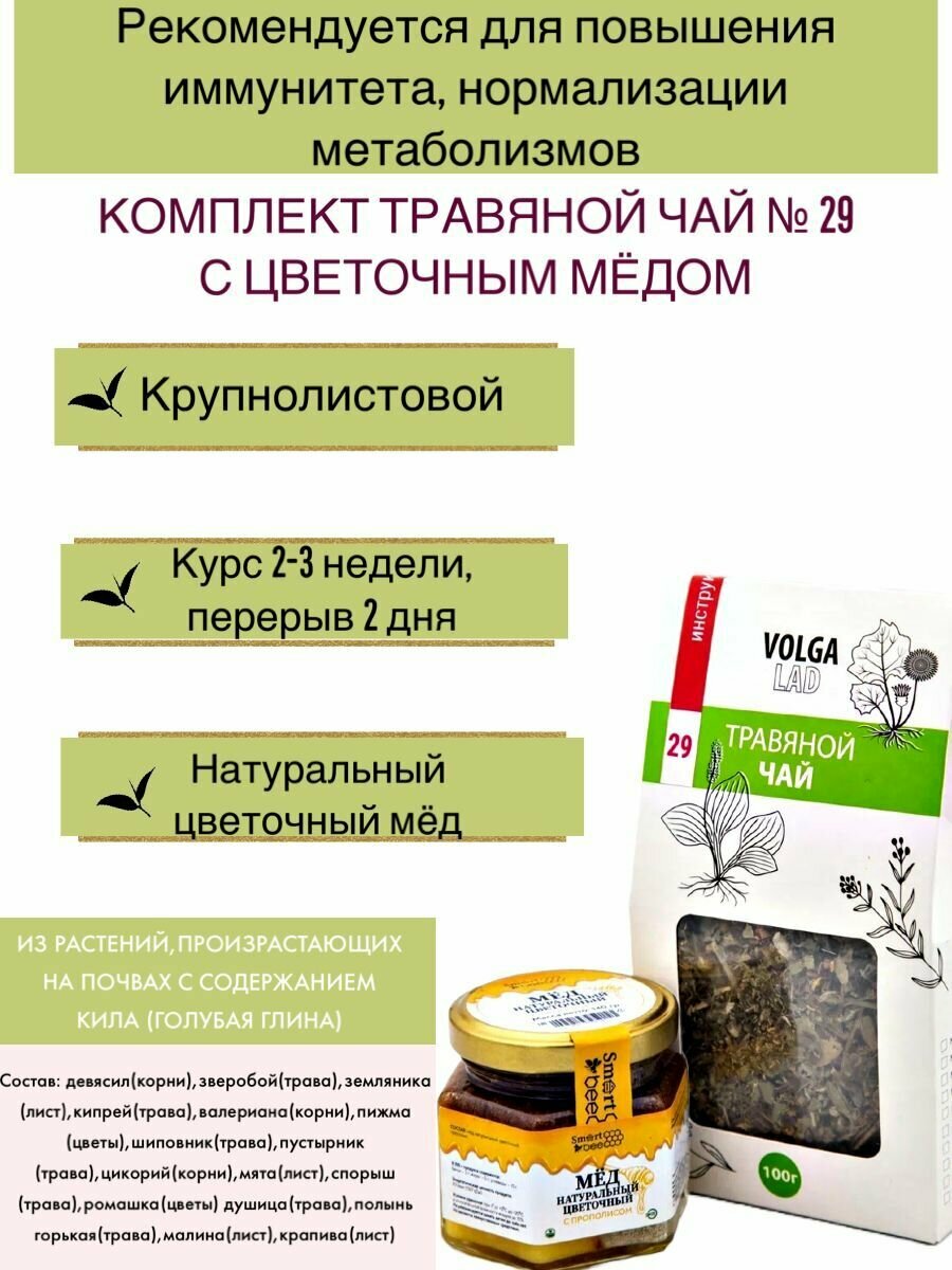 Травяной чай Волгаладь № 29, Иммунитет и метаболизм с медом цветочным, лечебный комплект, 70/140 г