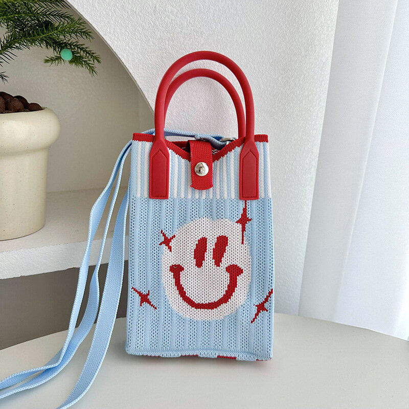 Сумка Yi Jue, для телефона, вязаная, полиэстер, синяя, принт смайлик