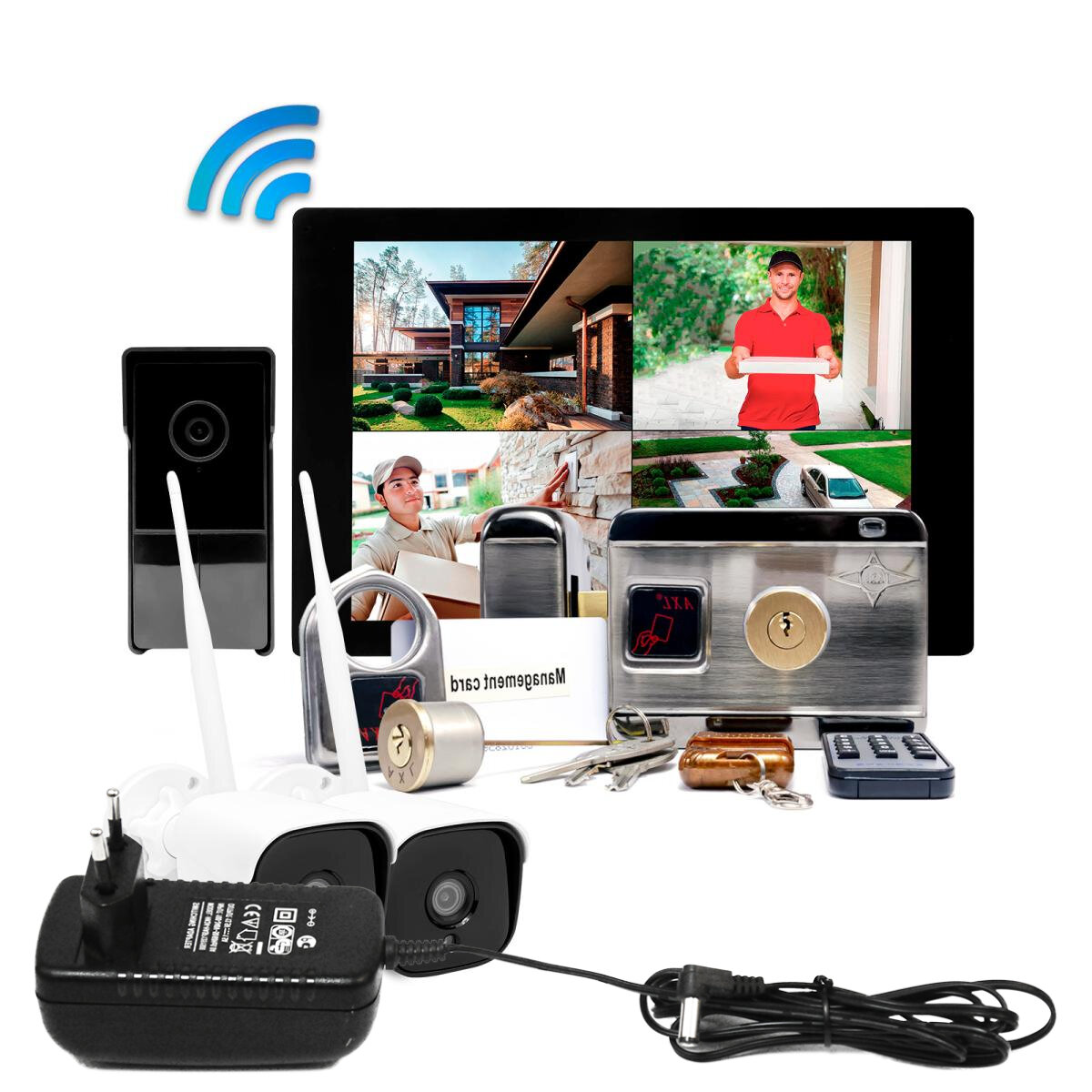 Радиоканальный видеодомофон с замком и 2 камерами - SkyNet 1000 (1+2+AX066) (C73182AR): HD Wi-Fi монитор 10 дюймов, вызывная панель, электромеханиче