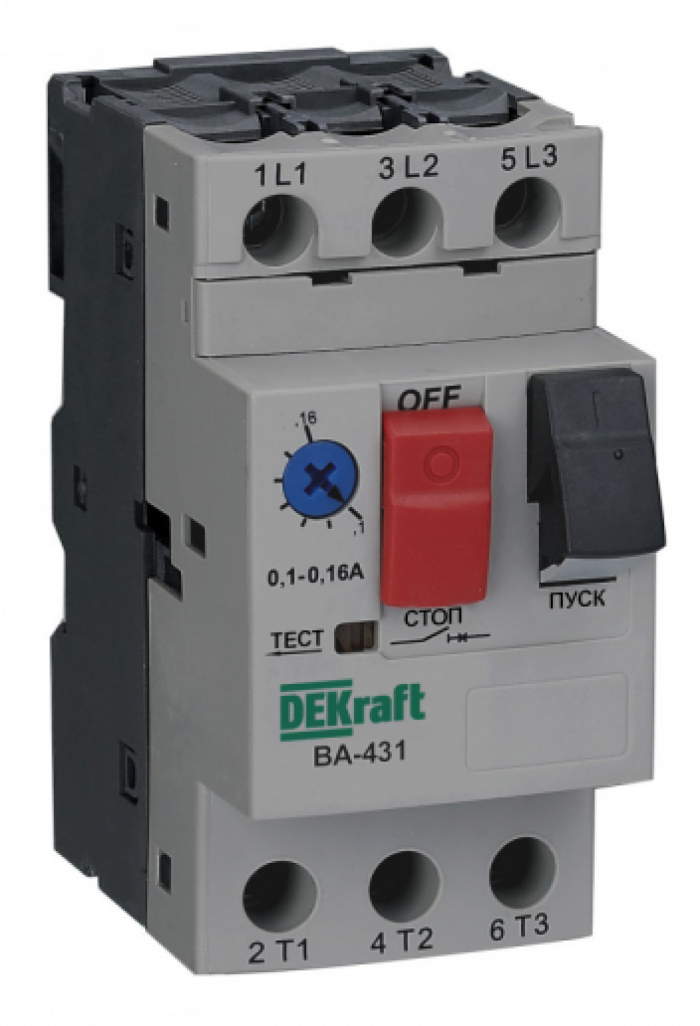 Пускатель ручной кнопочный DEKraft / ДеКрафт ВА-431 в пластиковом корпусе с термомагнитным расцепителем, серый, 3 полюса, 690В 10А 100кА, IP20, 21229DEK