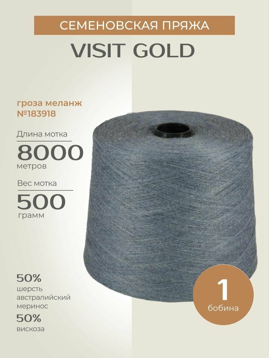 Бобинная пряжа для вязания спицами, крючком и машиной Семеновская "Visit gold" классическая тонкая, шерсть меринос вискоза, цвет: 183918 Гроза меланж, 1 шт по 500 г, 8000 м