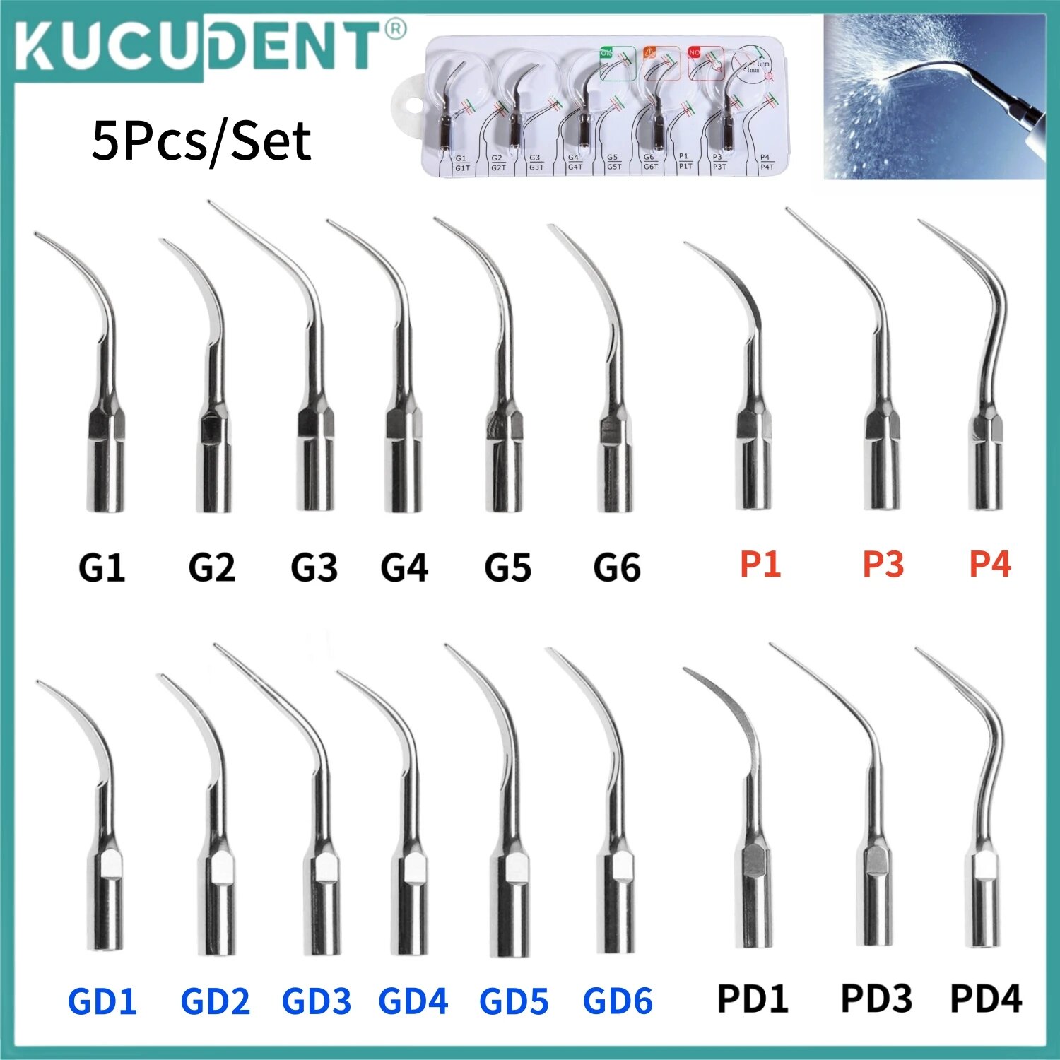 5 шт. насадок для стоматологического скалера, подходящих для наконечника ультразвукового скалера EMS/WOODPECKER/SATELEC/DTE/NSK, насадки для скалинга G/GD/P/PD 5pcs GD2