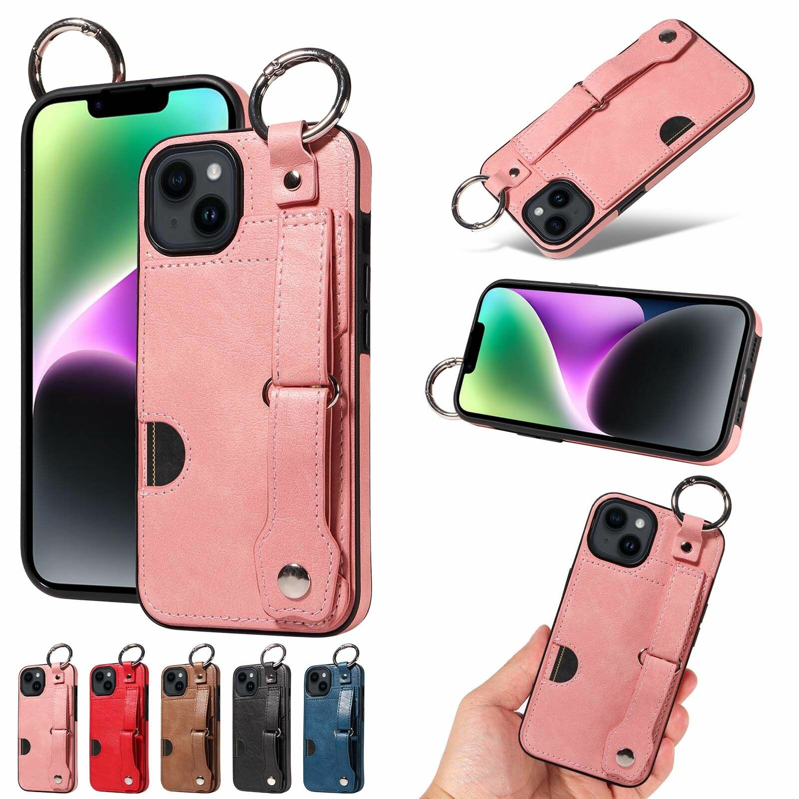 YIKATU Кожаный чехол для Apple iPhone 14 (Эпл Айфон 14 ) с регулируемым ремешком на запястье/кольцевой пряжкой/ Держатель карты