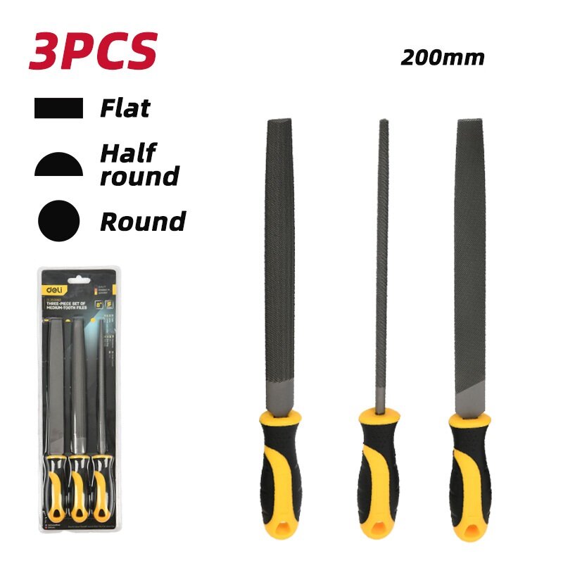 Набор напильников 200мм 3шт №2 Deli DL353083 (инструментальная сталь T12, обрезиненная рукоятка)