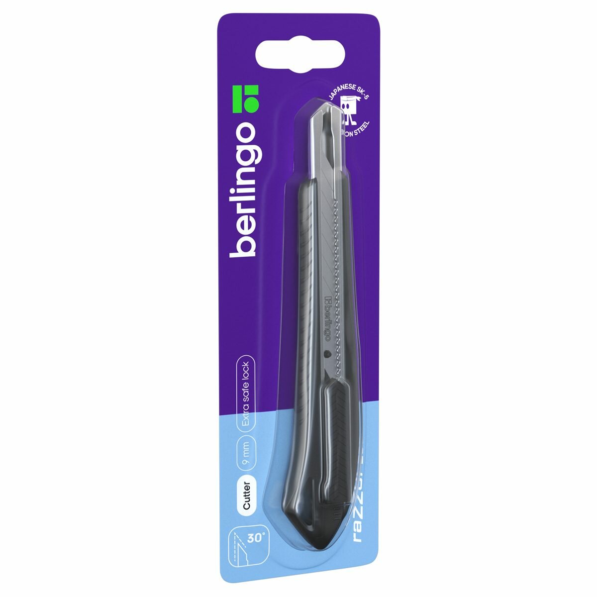 Нож канцелярский 9мм Berlingo Razzor 200, auto-lock, металл. направл, черный, европодвес (BM4127_a)