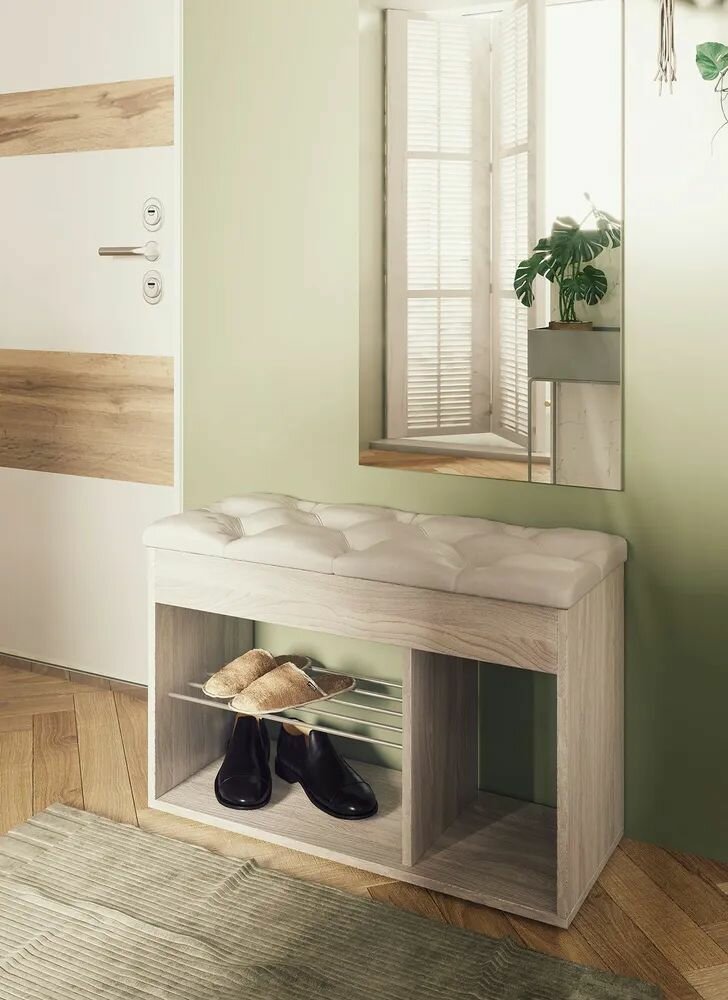 Тумба для обуви Вита, ясень шимо светлый, мягкое сиденье, 81х32х47 см