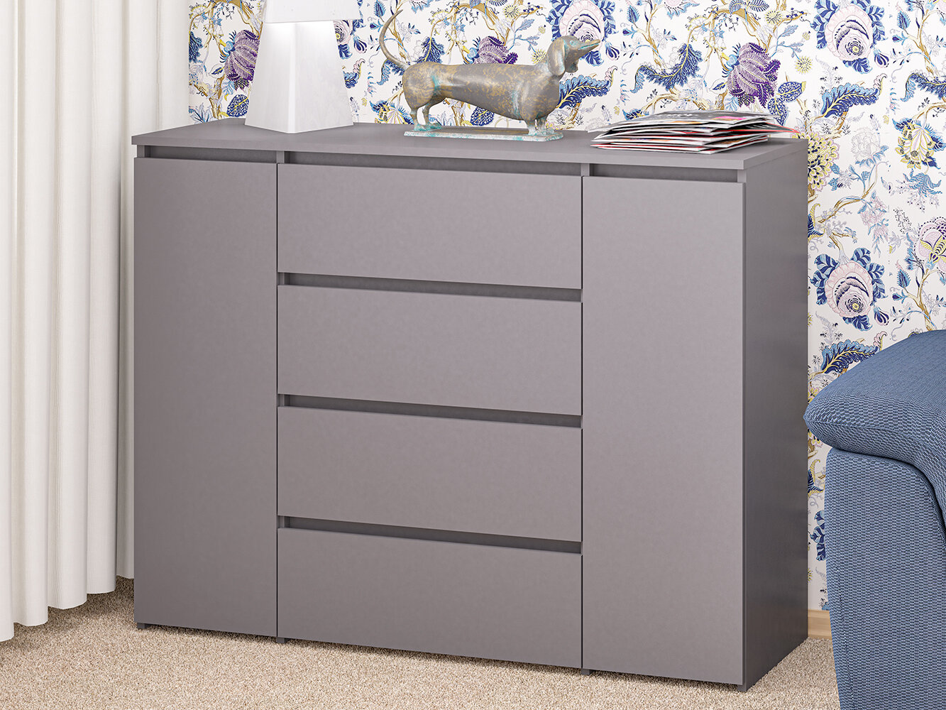 Комод МК "Пирамида" К-33, 4 ящика и 2 распашные дверцы, цвет графит, 93x120x42 см