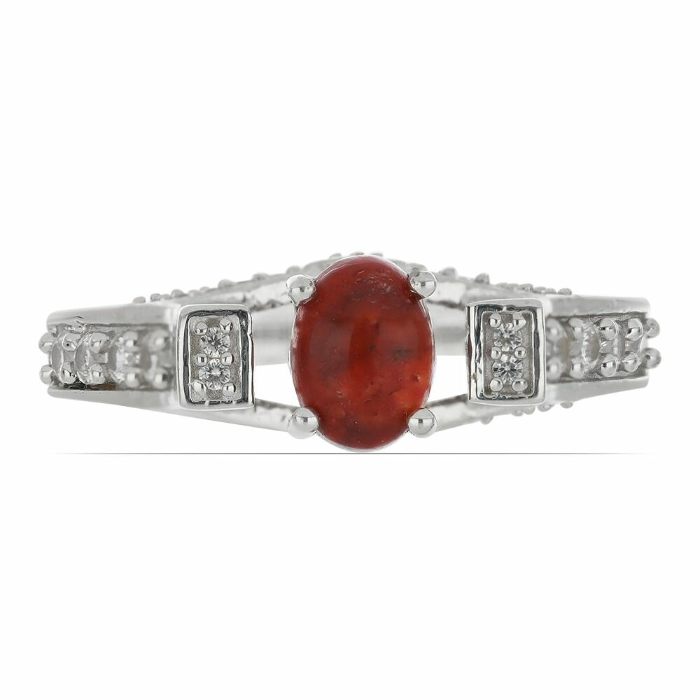 Кольцо, серебро, 925 проба, родирование, коралл, циркон