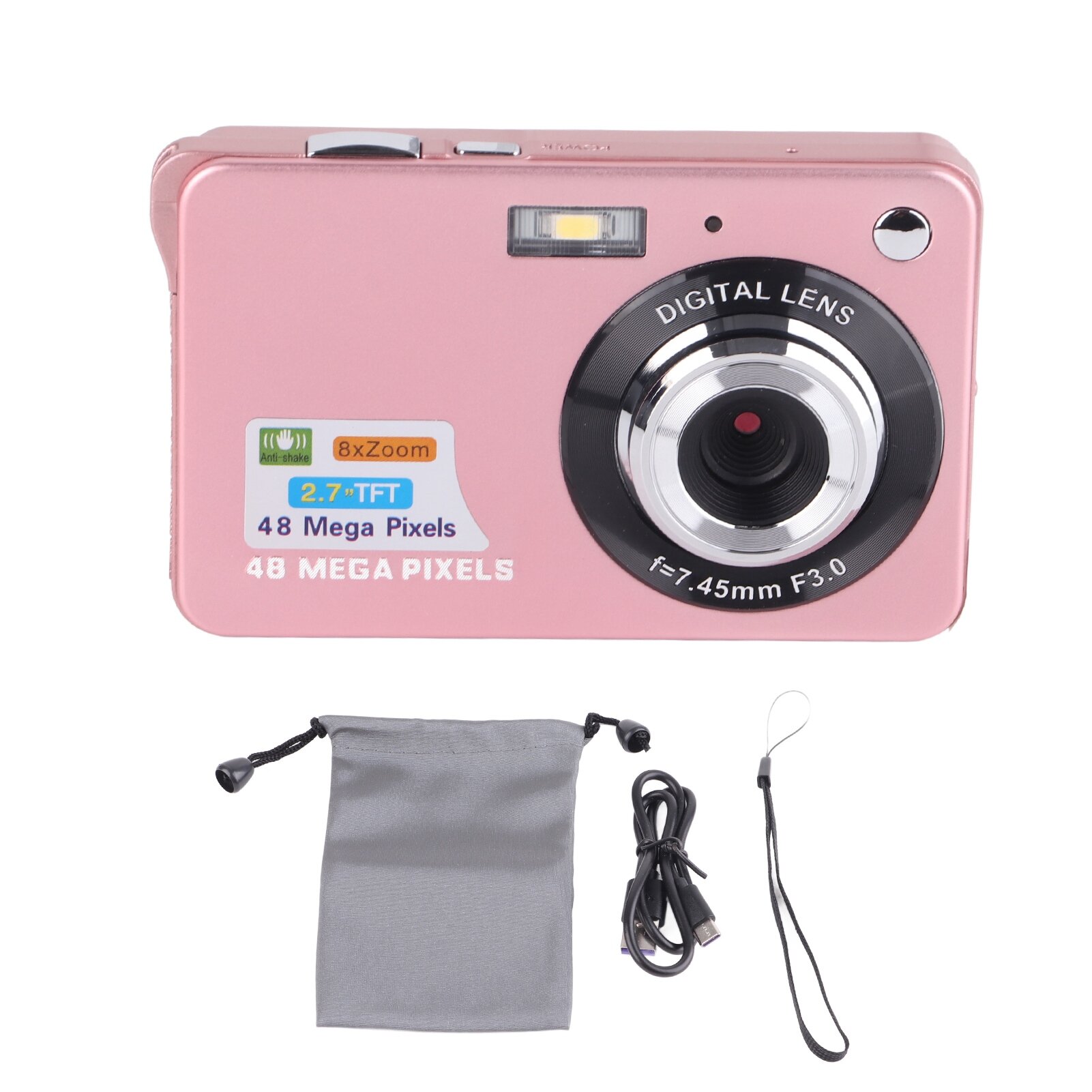 4K Digital Camera 48MP 2.7in LCD Display 8x Zoom Anti Shake Vlogging for Photography Continuous Shooting Pink