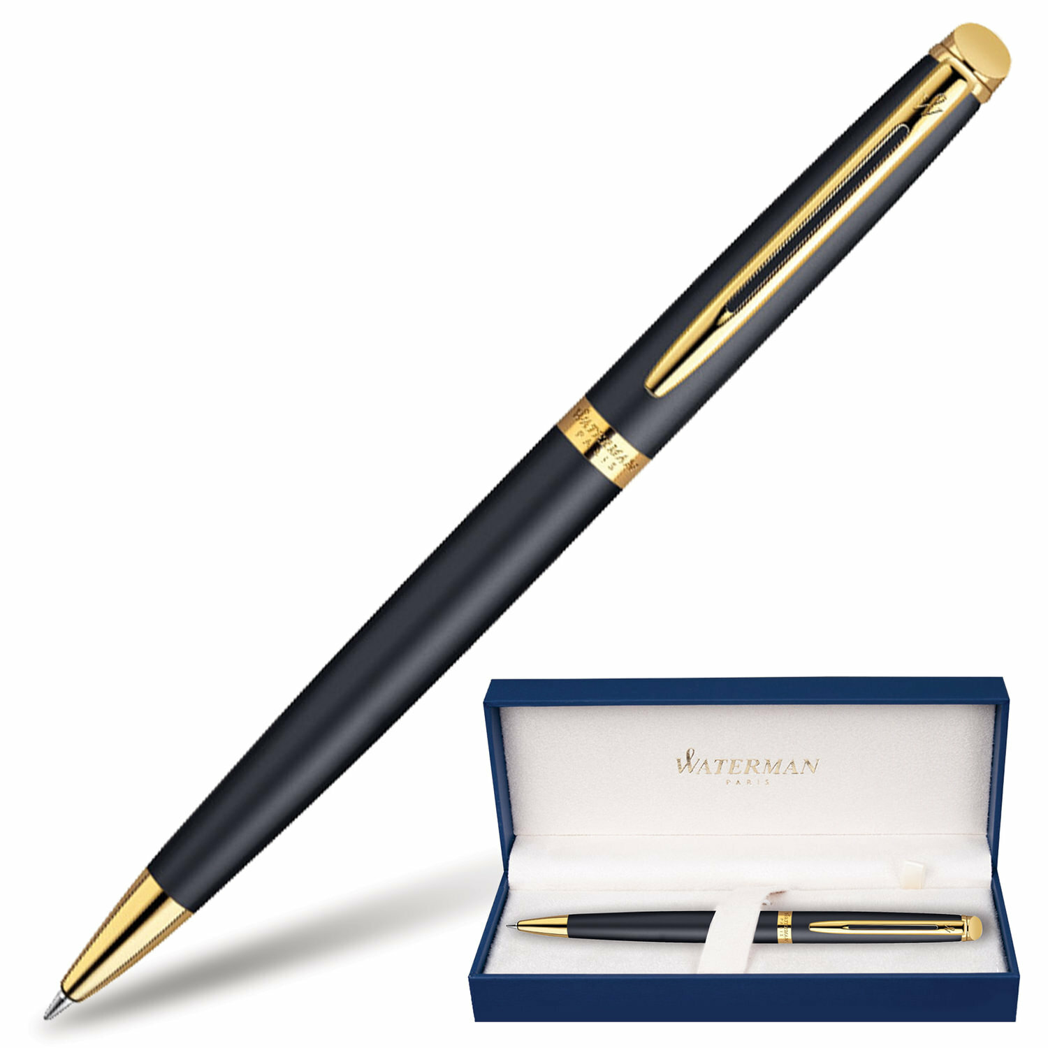 Ручка подарочная шариковая Waterman "Hemisphere Matt Black GT", черный матовый лак, позолоченные детали, синяя (S0920770)