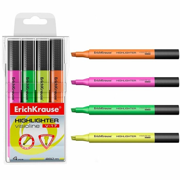 Текстмаркер Erich Krause цвет чернил: желтый, зеленый, розовый, оранжевый (56704)
