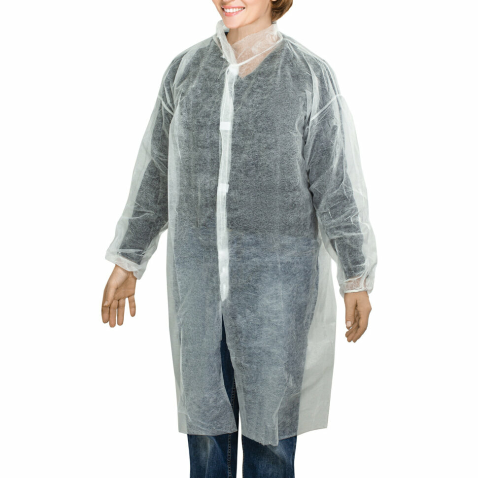 Халат одноразовый белый на липучках комплект 10 шт, XL, 52-54 размер, 110 см, рукав на резинке, 25 г/м2, KLEVER, 631242