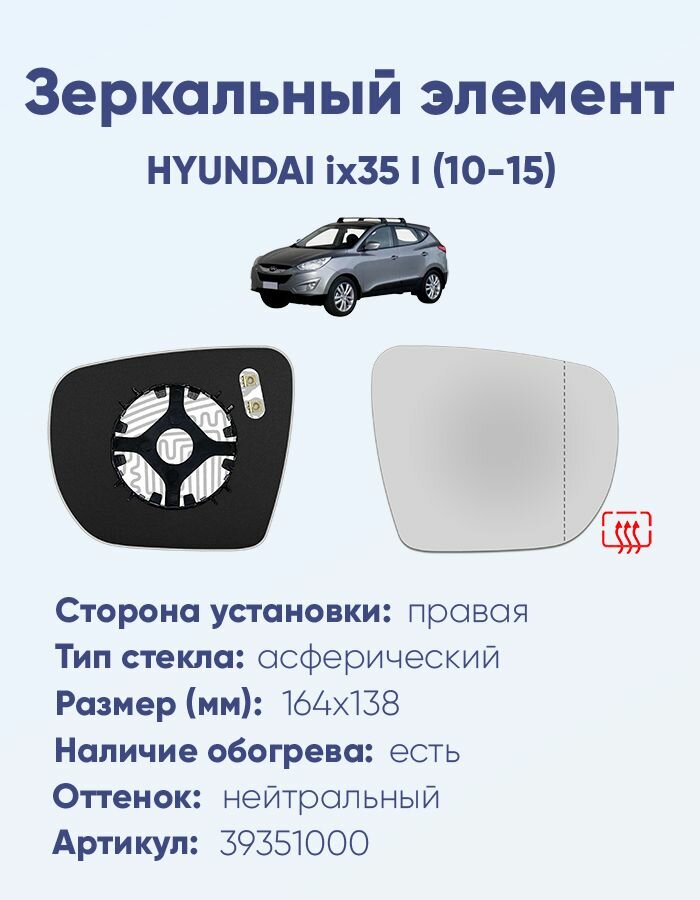 Зеркальный элемент правый HYUNDAI ix35 I (10-15) асферика нейтральный с обогревом