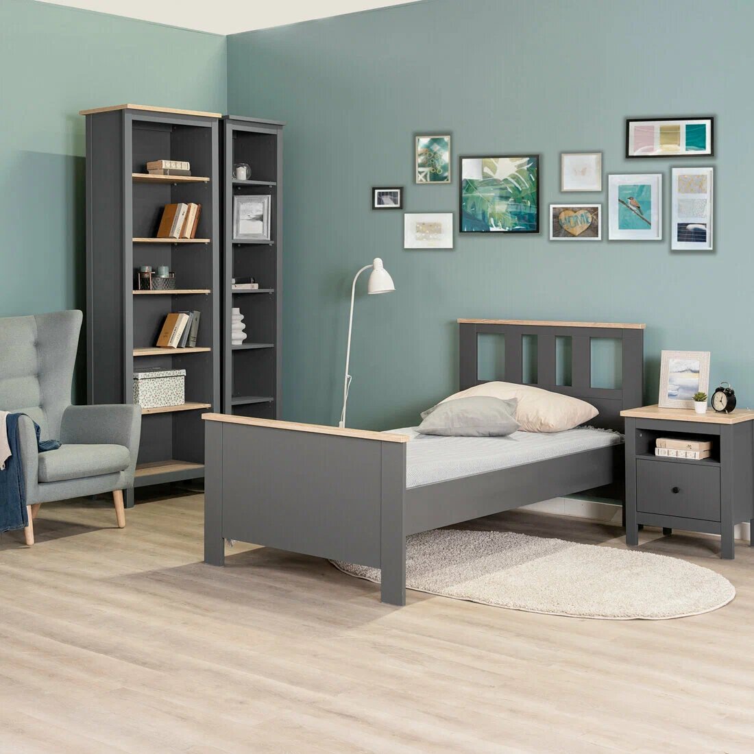 Кровать односпальная "Сага", серый ясень, ортопедические ламели, 90 см x 200 см х 101 см, до 140 кг