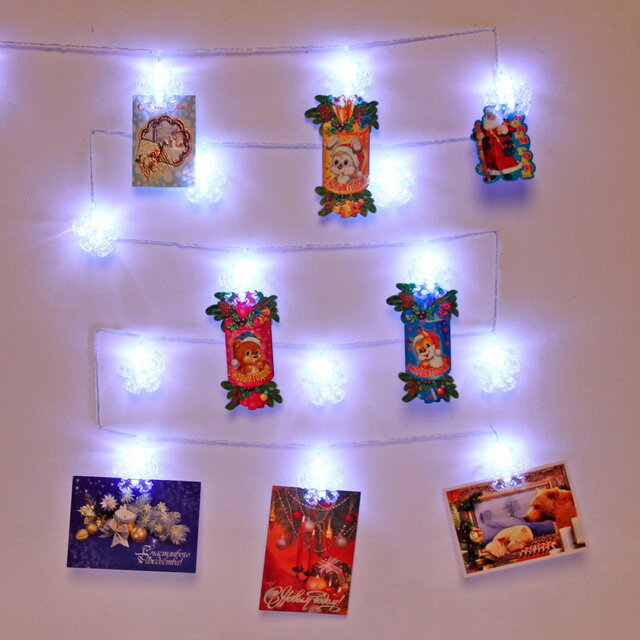 Светодиодная гирлянда Прищепки Снежинки 4 м, 20 холодных белых ламп, прозрачный ПВХ, IP20, Serpantin, 183-268