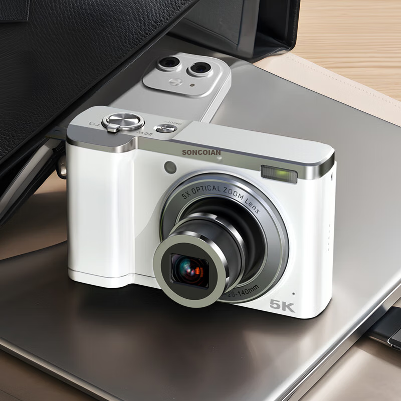 SONGDIAN Optical Zoom Digital Camera, 5K High-Definition Video, Dual Front And Rear 56MP Cameras, Student Mirrorless Camera, White, 128GB Memory