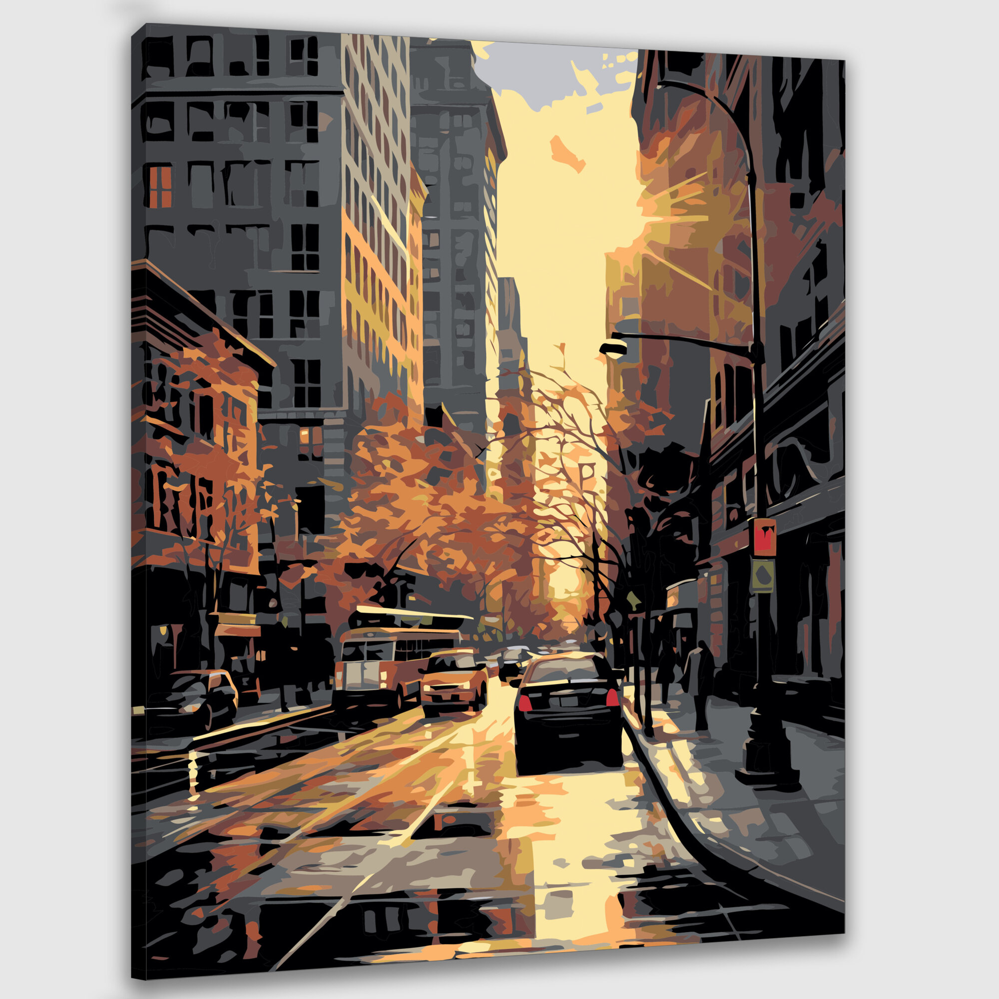 Картина по номерам 40x50 см, картина, масло, свет, тени, городская улица, солнечный свет, высокие здания, тени