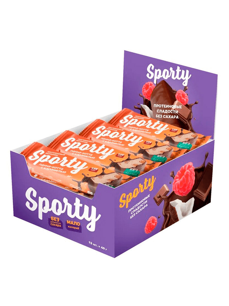 Протеиновый батончик глазированный без сахара, Панна-котта с карамелью, 12шт*40г, SPORTY