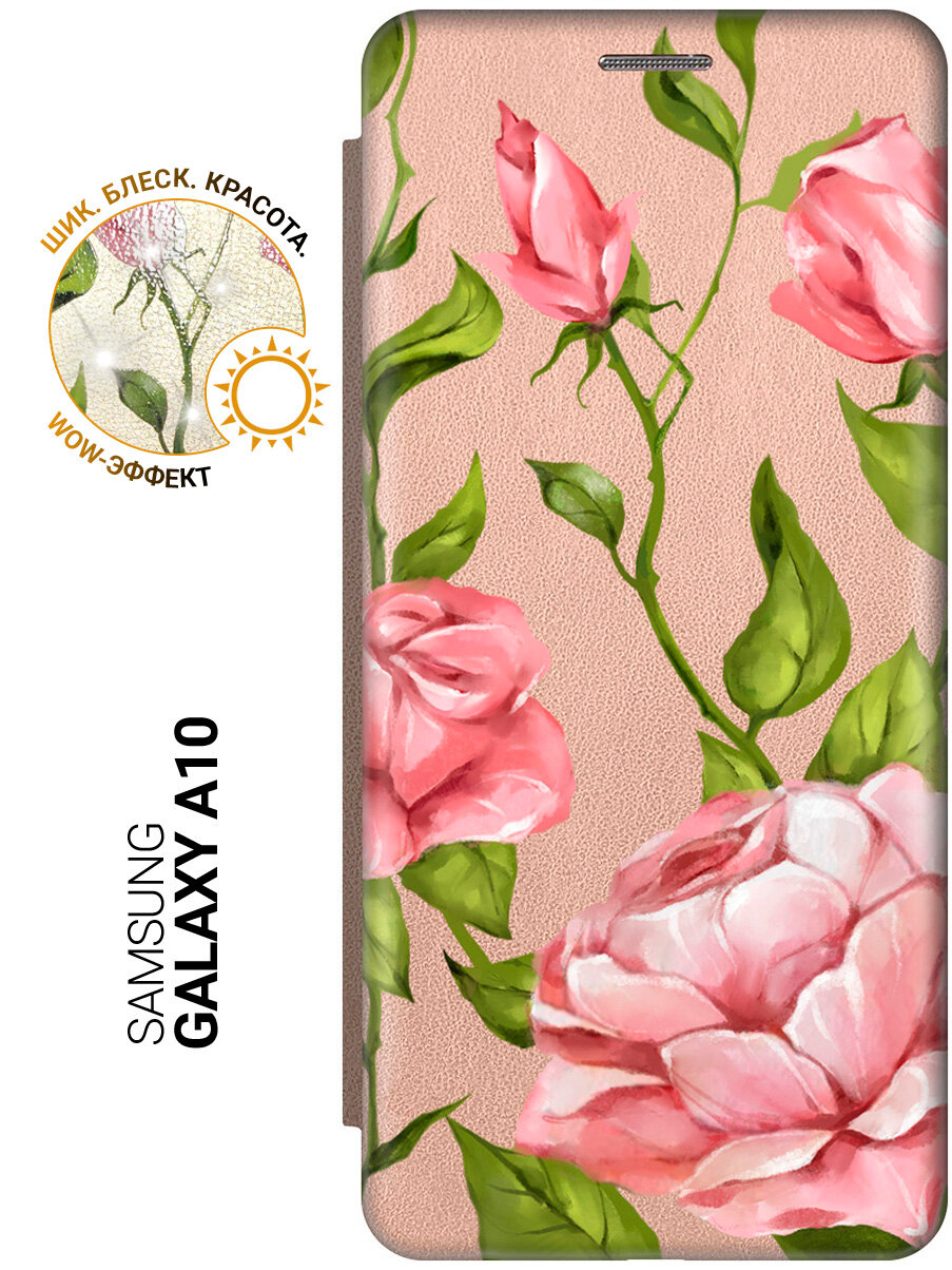 Чехол-книжка на Samsung Galaxy A10, Самсунг А10 с 3D принтом "Amazing Roses" золотистый