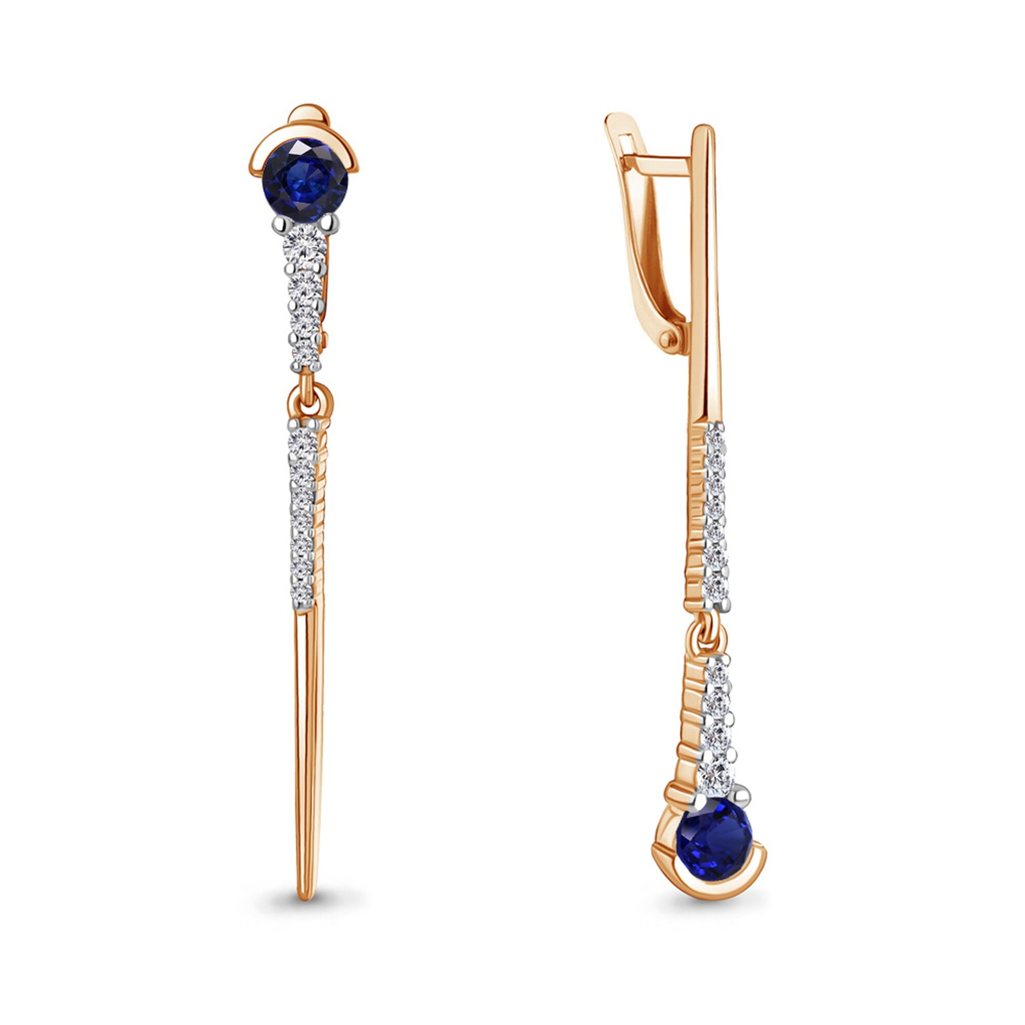 Серьги с подвесками, серебро, 925 проба, золочение, фианит, сапфир синтетический