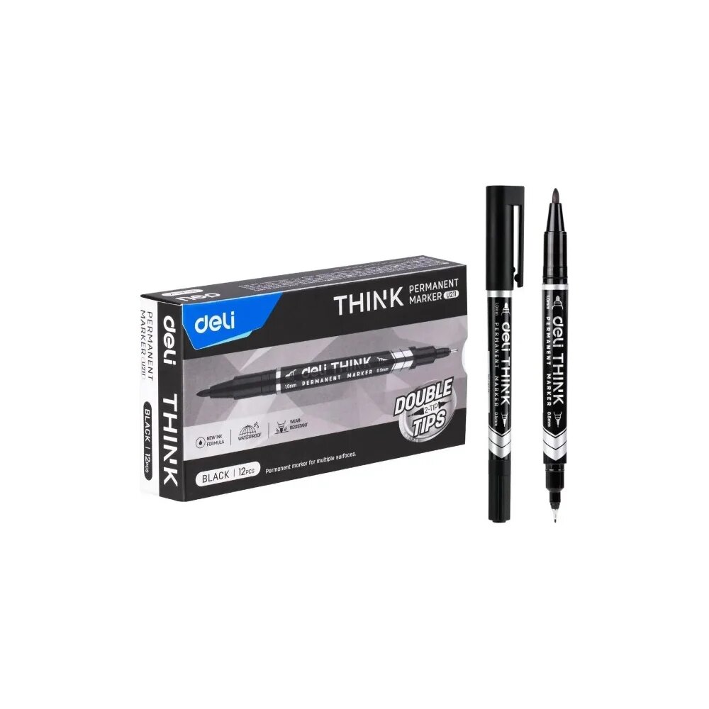 Маркер, DELI, DELI перманентный Think двойной пиш. наконечник 0.5-1мм черный EU211-BK
