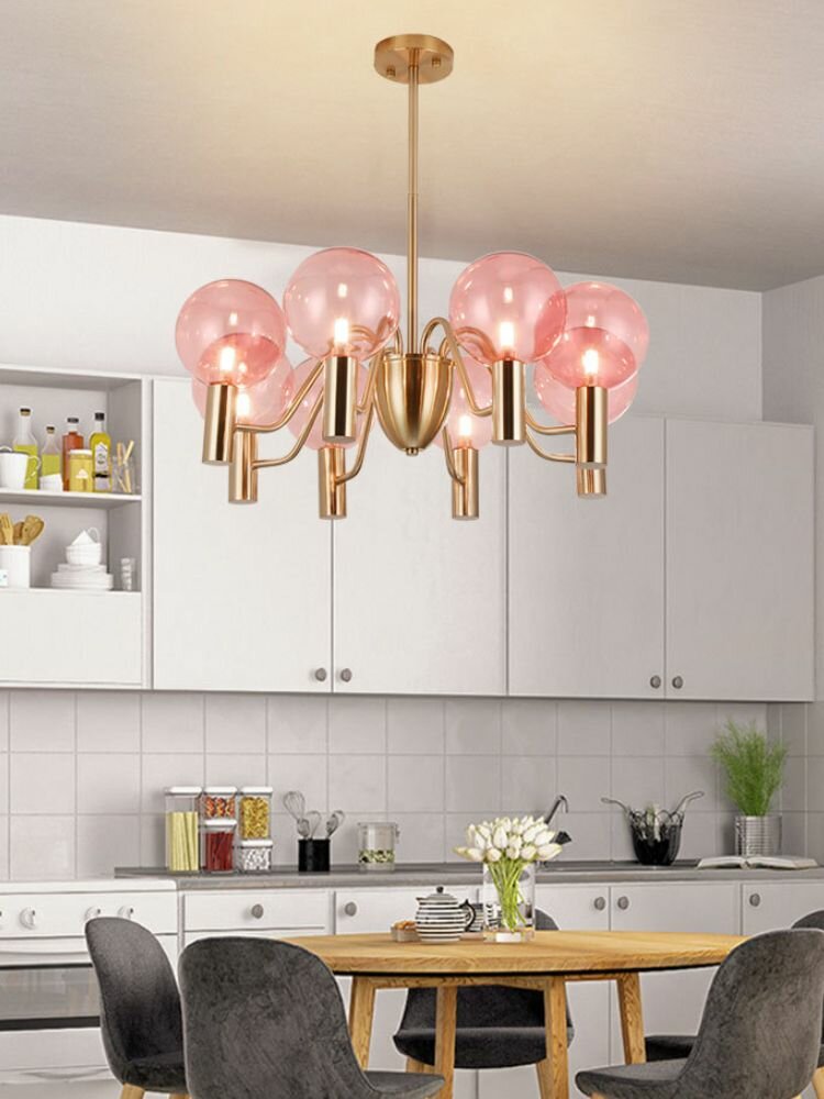 Современная Минималистичная Золотая Люстра С Дизайном Стеклянных Шаров Розового Цвета И Цвета Шампанского. Подходит Для Спальни, Гостиной, Столовой. Светодиодные Светильники Для Украшения Дома. CH007