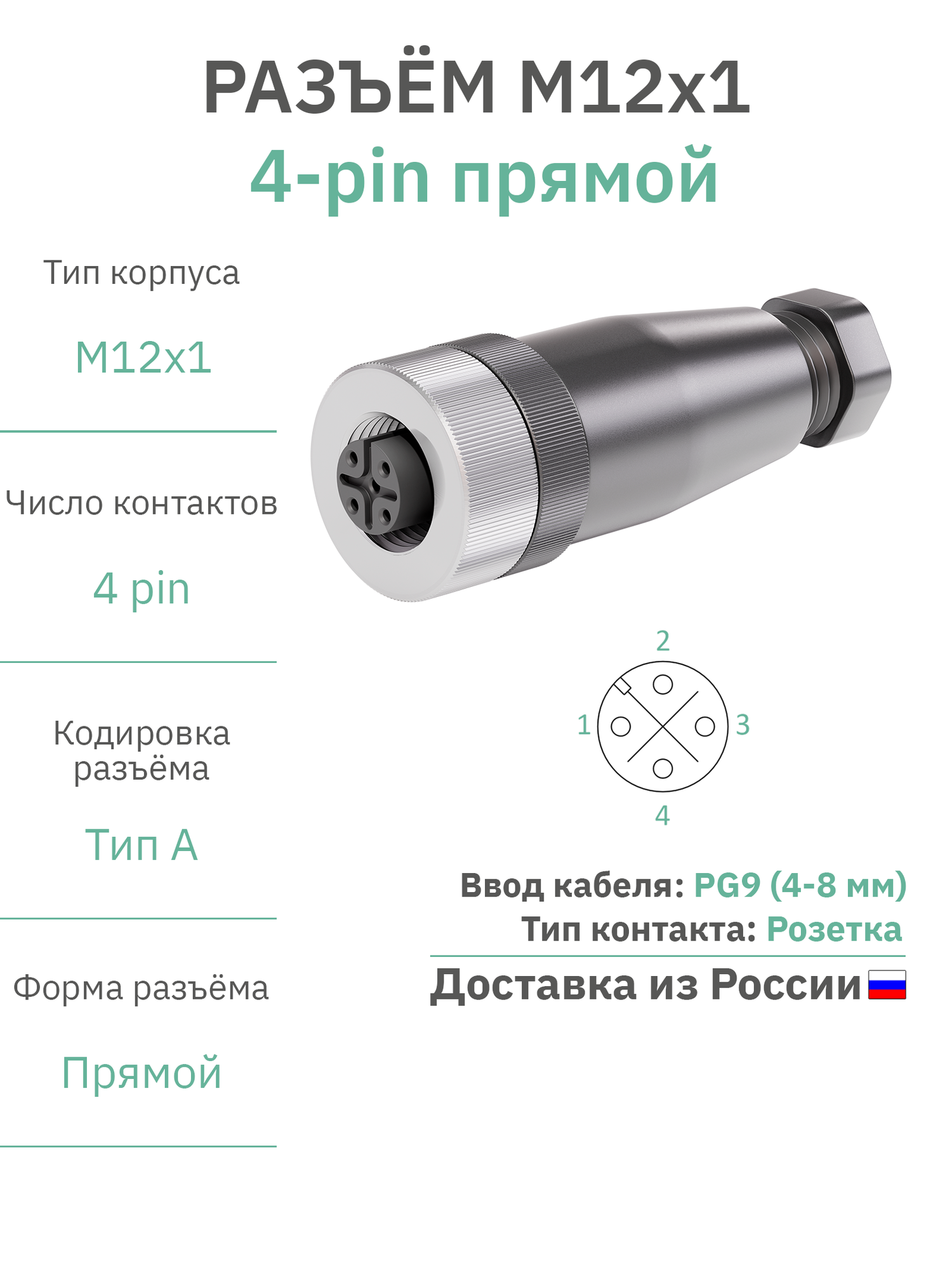 Разъём М12 4 pin прямой / розетка (мама) / PG9 (4-8 мм диаметр под кабель) / модель RAZM-F12-C4-PG9