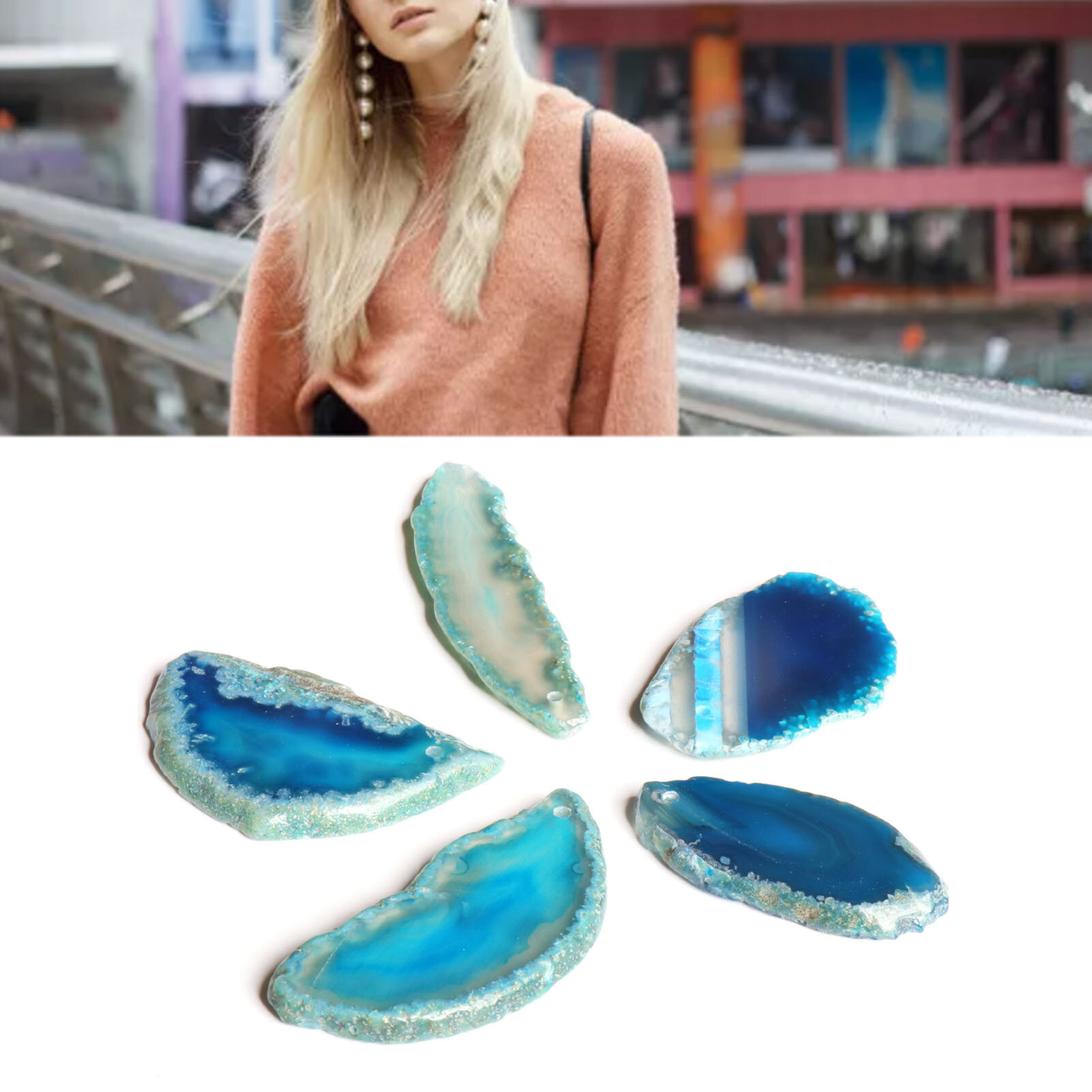 Ломтики агата Необычные агатовые светильники, настольные ломтики для самостоятельного изготовления ювелирных изделий, украшения дома, синий, 1,2‑2 дюйма