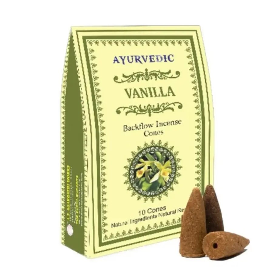 Backflow Incense Cones VANILLA, Ayurvedic (Благовония стелющийся дым ваниль, Аюрведик), уп. 10 конусов