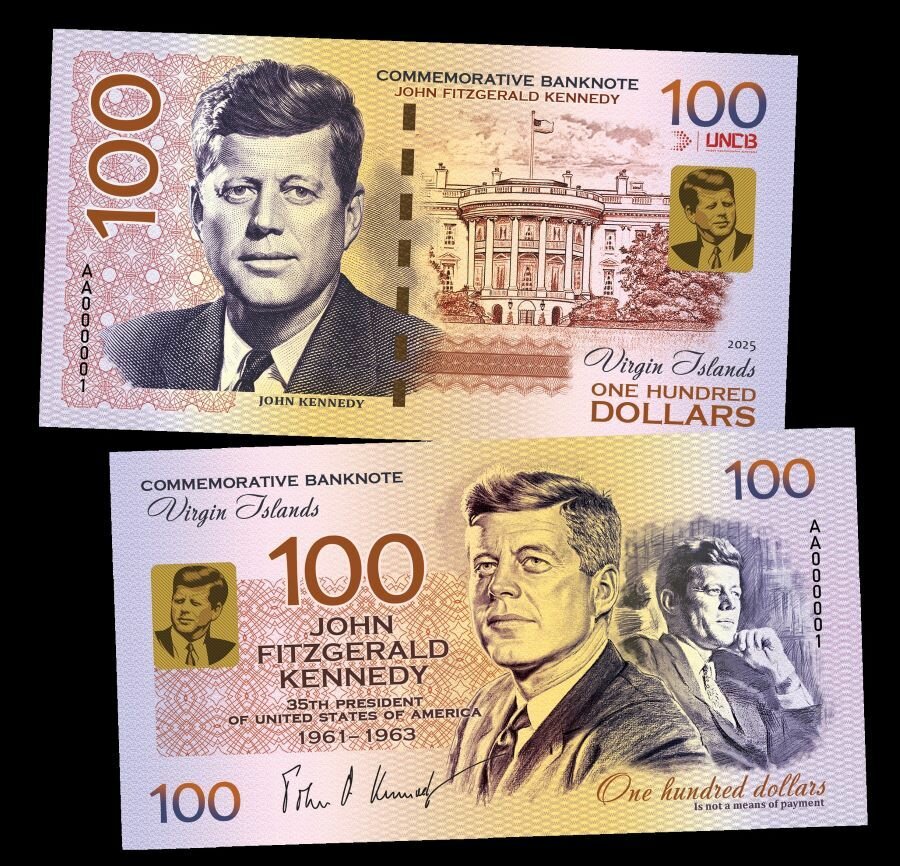 100 долларов (Dollars) - Джон Кеннеди. 35 президент США. Виргинские острова. Памятная банкнота. UNC