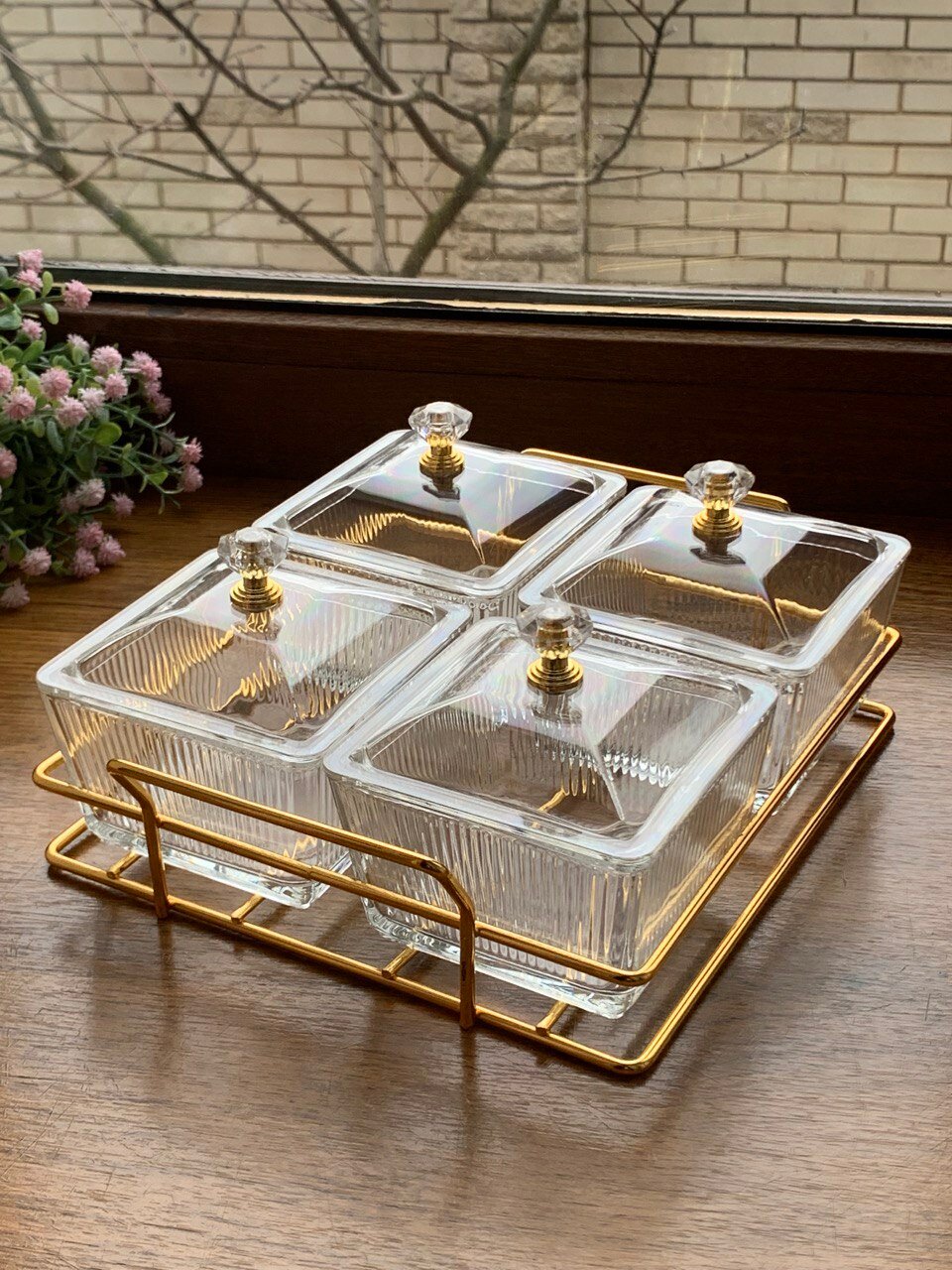 Стеклянная менажница, с крышкой, квадратная, золотая, 9 см, 4 шт