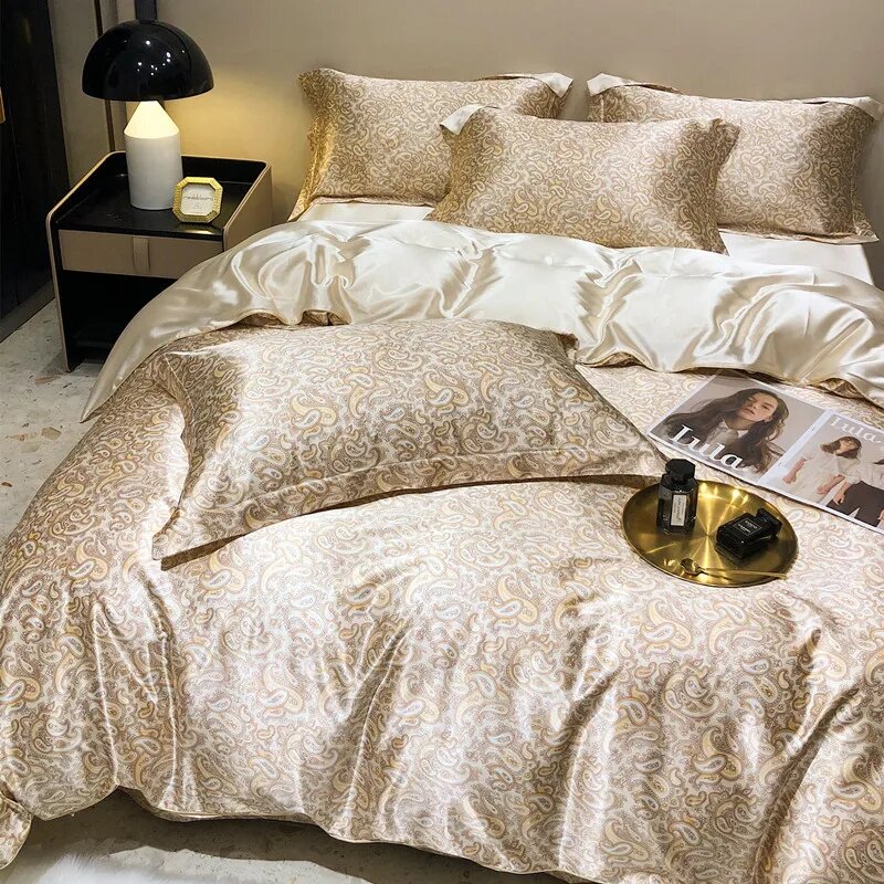 Комплект постельного белья Dreamreal из шелка 4 шт, Queen Size 4pcs, Встроенная кровать Лист, Бежевый
