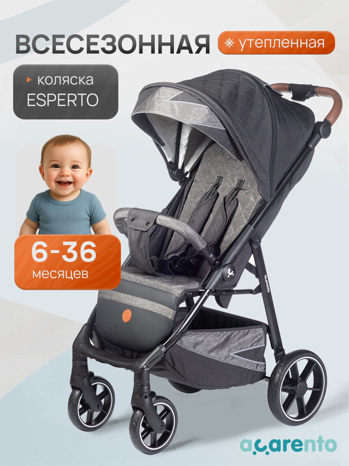 Утепленная прогулочная коляска Acarento Esperto, цвет Black