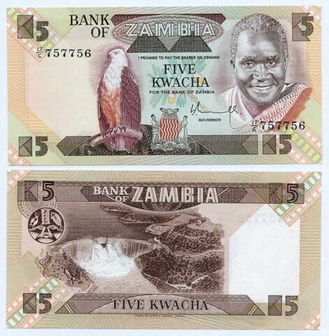 Банкнота Замбия 5 квача 1980 год 17/C 757756. UNC