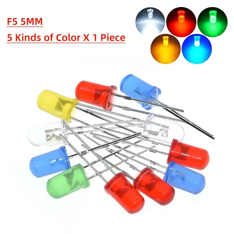 Светодиодные лампы TZT зеленые, красные, белые, желтые, синие 3 мм 5 мм 10PCS, 5MM 5Color