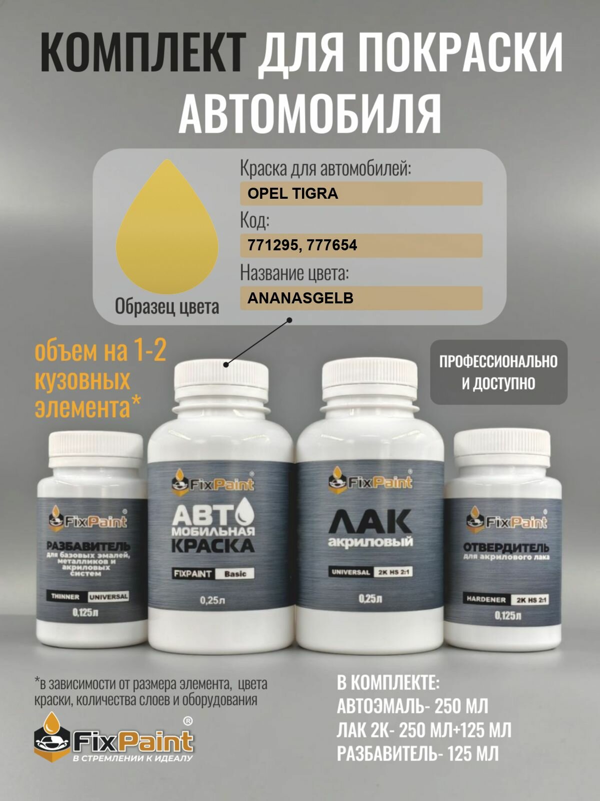 Комплект для покраски OPEL TIGRA, код 771295, 777654, ANANASGELB, базовая автомобильная краска 250 мл, лак 2K 250 мл с отвердителем, разбавитель 125 мл, FixPaint Pro