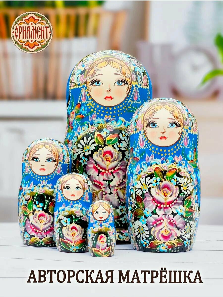 Матрешка Орнамент "Букет Синий", ручная работа, 18см, 5мест, дерево