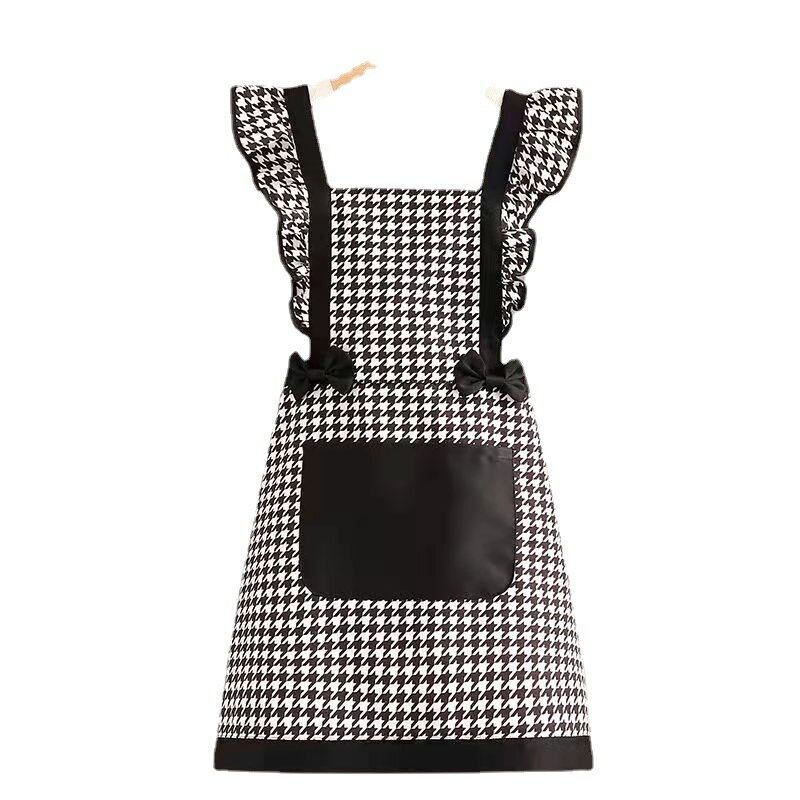 Женский фартук в стиле принцессы с рюшами на бретелях – черно-белые клетчатые фартуки для кухни, приготовления пищи, летняя рабочая одежда – дышащий полиэстер с карманами для стильного использования дома или в кафе