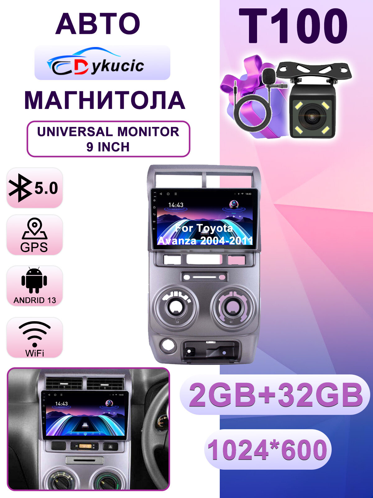 Магнитола для Toyota Avanza 2004-2011,4 ядерный процессор, Wifi, андроид штатная автомагнитола
