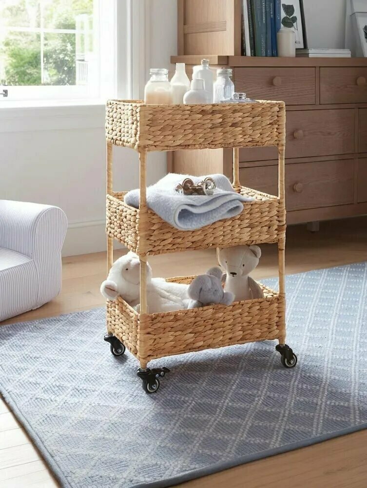 Полка напольная NiNi, плетеная, бежевая, трехъярусная, с колесиками