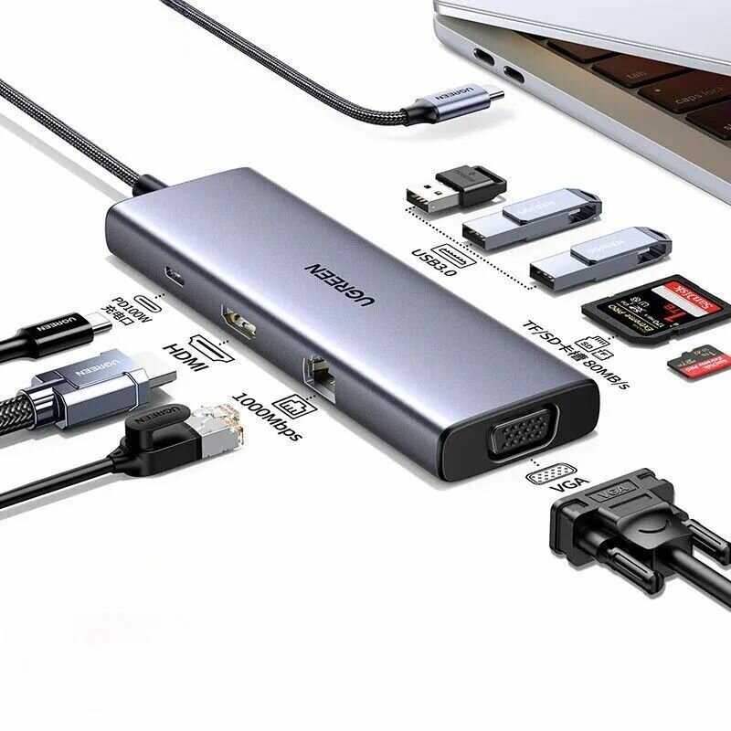 Концентратор UGREEN CM498 (15600) HDMI, 3xUSB-A, TF/SD, VGA, RJ45, PD100W, серый космос