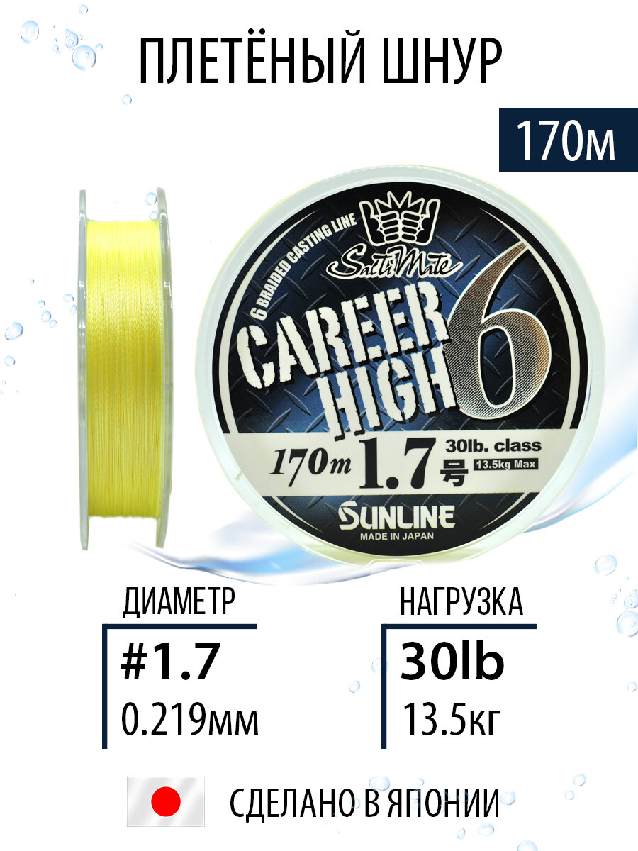Плетёный шнур Sunline CAREER HIGH 6 HG Yellow 170m #1.7/30lb