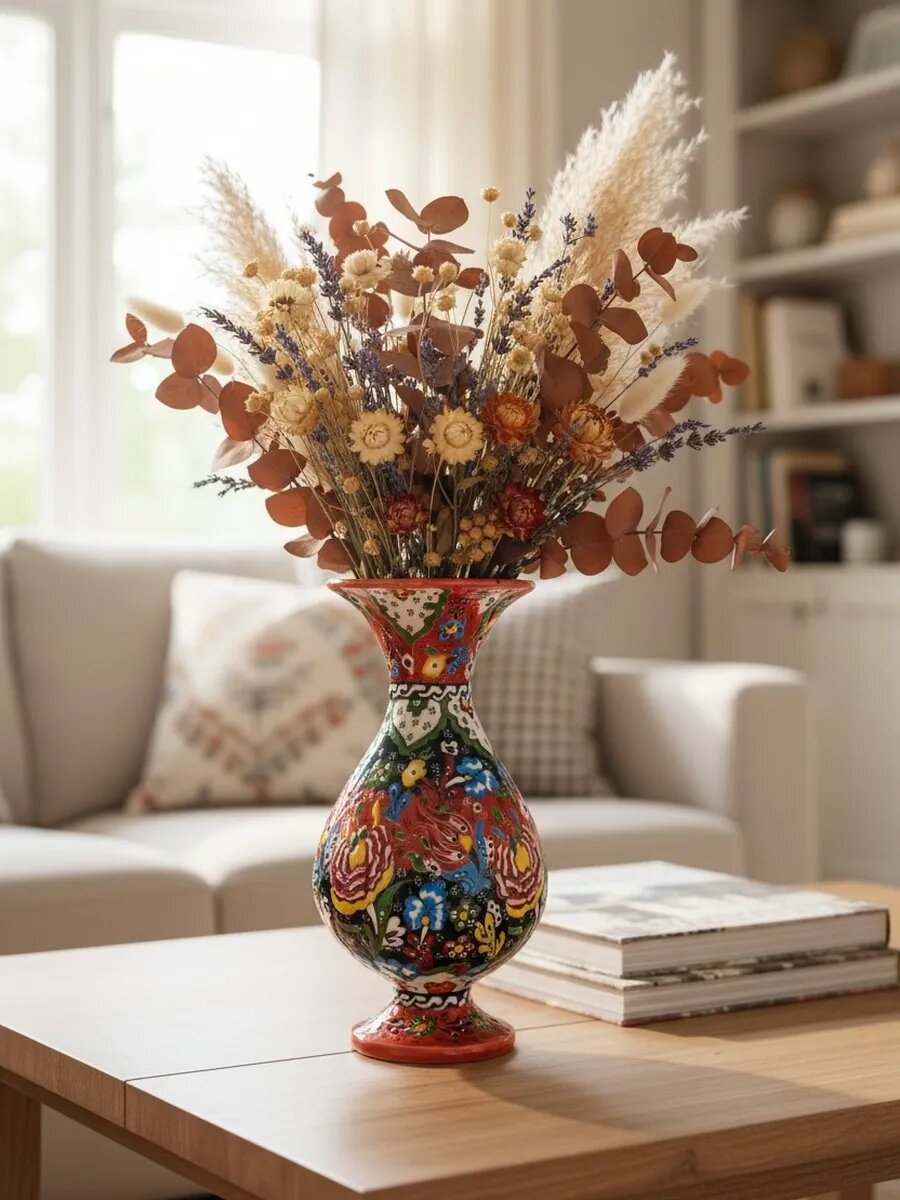 Ваза "Восточная" Китобой, керамика, 25см, ручная роспись, 1.1л, синяя, оранжевая