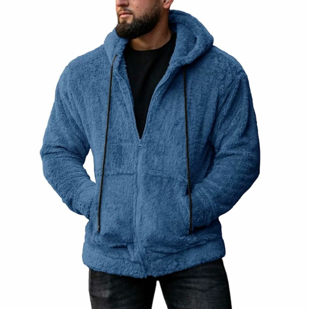 Мужская толстовка с капюшоном из зимней шерсти длинными рукавами на молнии, куртка капюшоном-небесно-голубой-L